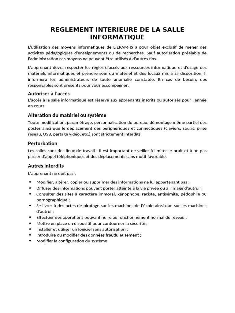 Reglement Interieure de La Salle Informatique | PDF
