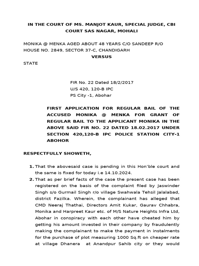 Regular Bail Application Monica. | PDF