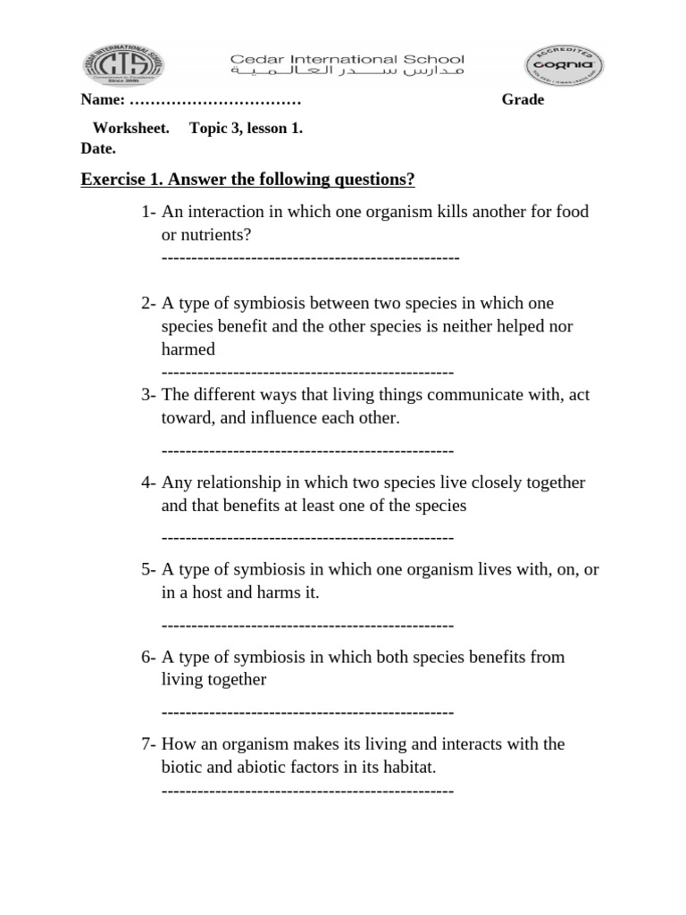 Topic 3 Lesson 1 Exercise Worksheet | PDF