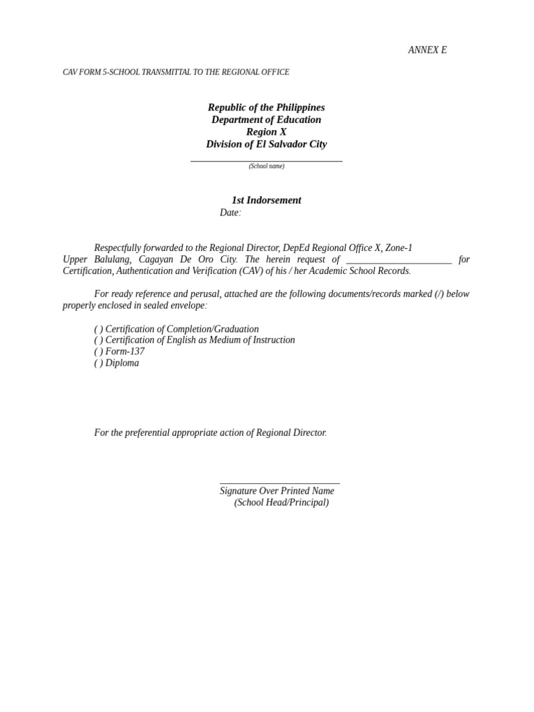 CAV-FORM-5-School Transmittal To Region Office | PDF