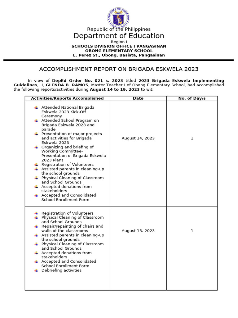 BE 2023 - Accomplishment Report - Glenda | PDF