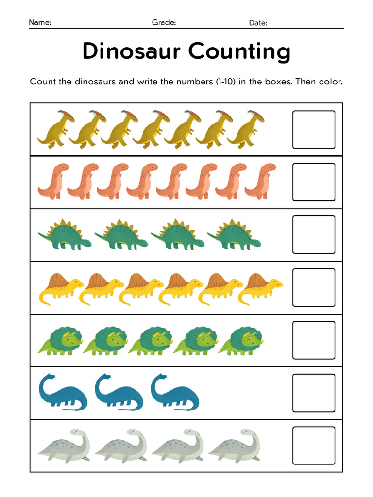 Dinosaur Counting Worksheet in Colorful Cute Style | PDF