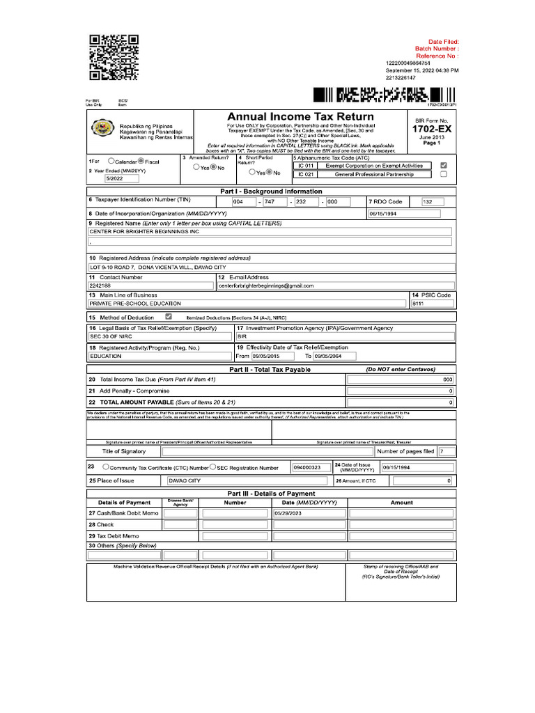 BIR Form 1702EX 2022 CBB | PDF
