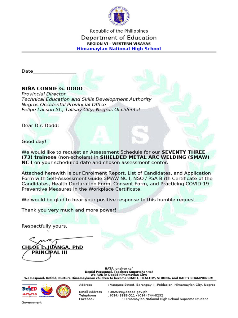REQUEST-LETTER-FOR-ASSESSMENT SMAW NC 1 13 Pax | PDF