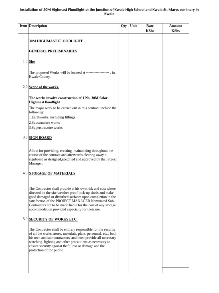 Installation of 30M Highmast Floodlight at The Junction of Kwale High ...