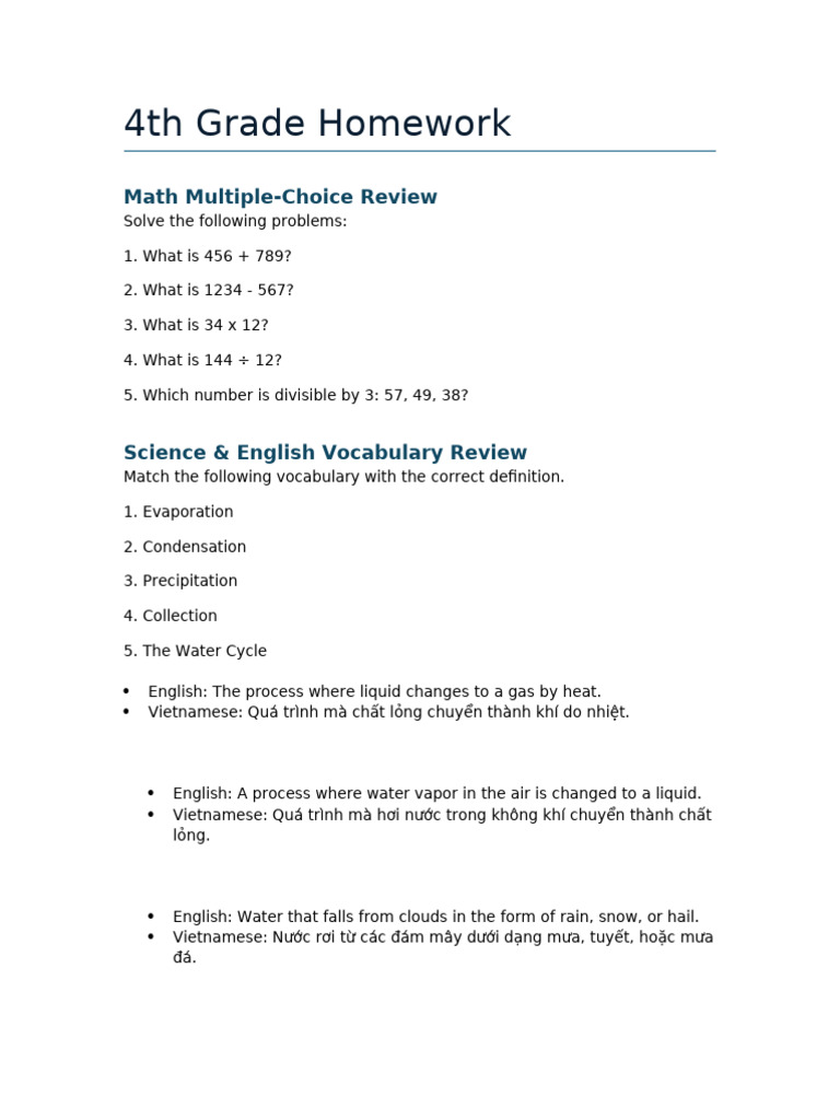 4th Grade Homework | PDF | Verb | English Language