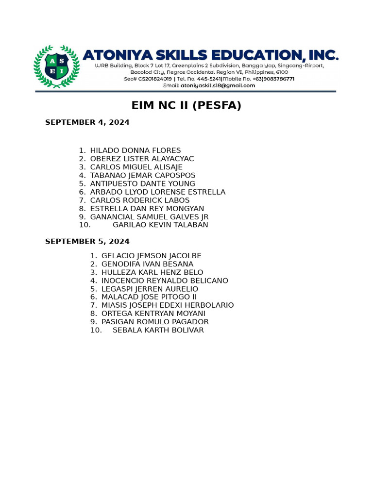 Eim NC Ii Pesfa Atoniya | PDF