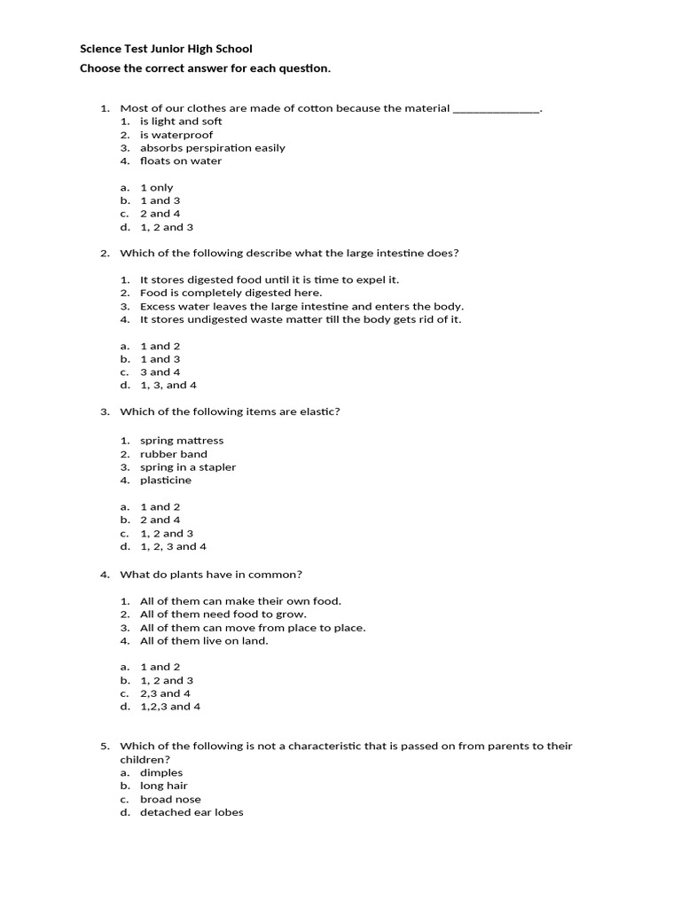 Junior High Science Test Questions | PDF | Water