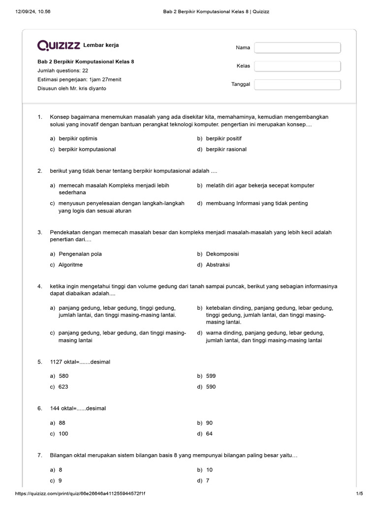 Bab 2 Berpikir Komputasional Kelas 8 _ Quizizz | PDF