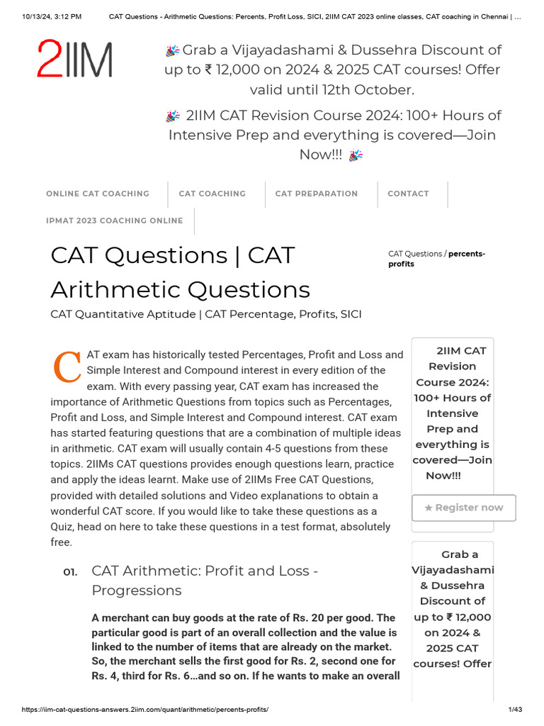 CAT Questions - Arithmetic Questions - Percents, Profit Loss, SICI ...