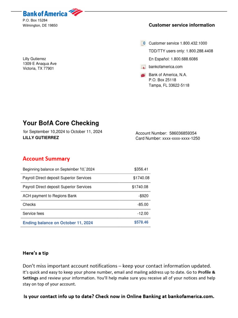 Bank of America Bank Statement PDF | PDF