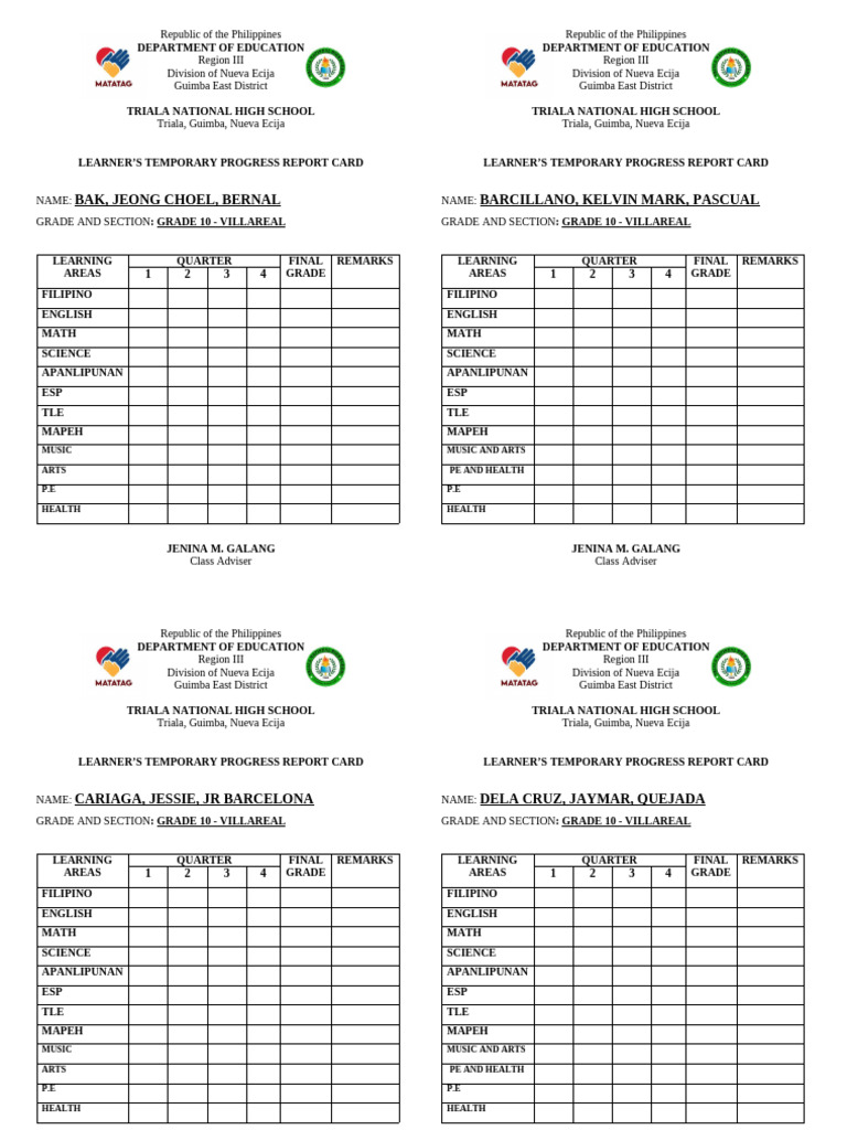 Grade 10 Learner Progress Report Card | PDF | Social Institutions | Asia