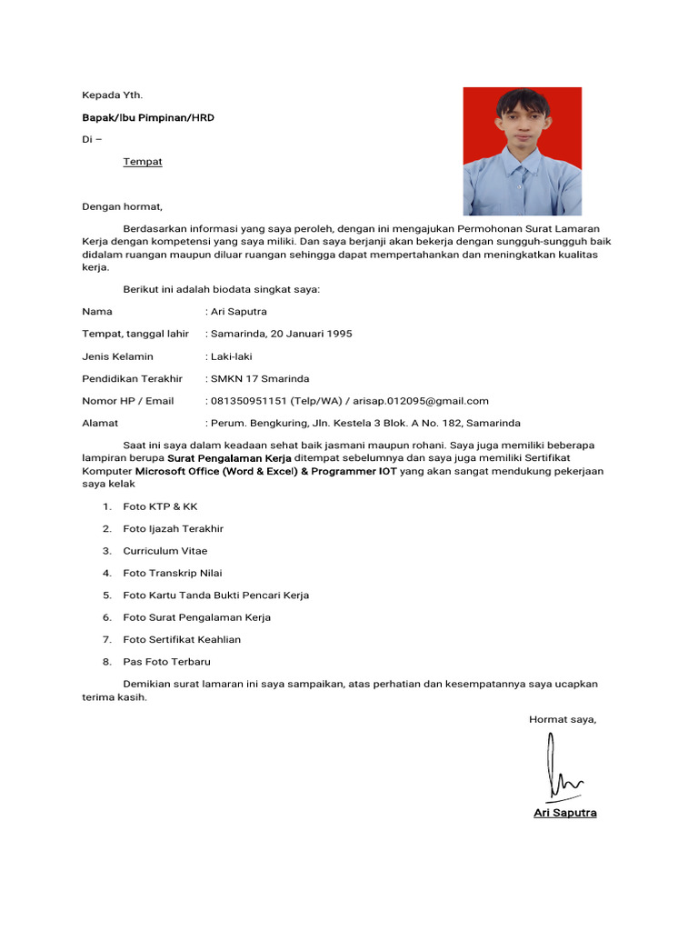 Surat Lamaran Pekerjaan - Ari Saputra | PDF