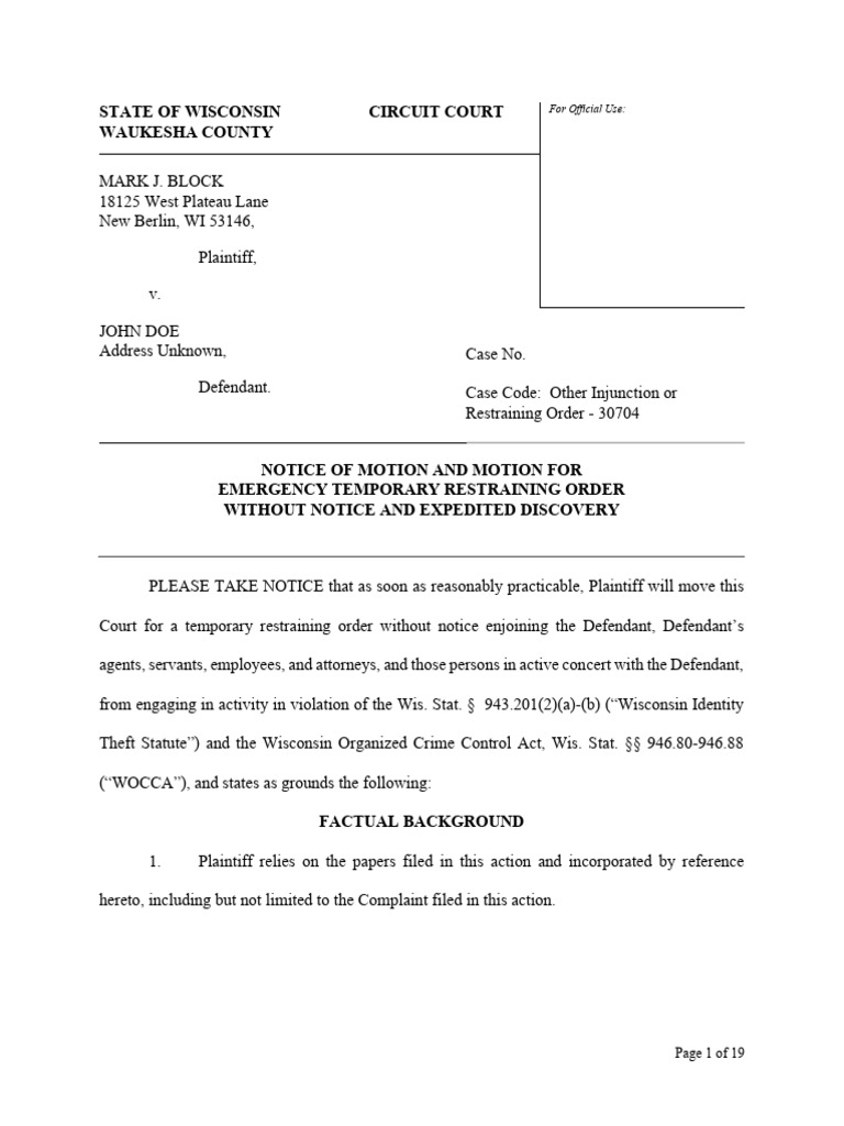 NOMM For Emergency TRO and Expedited Discovery | PDF | Injunction | Racketeer Influenced And ...