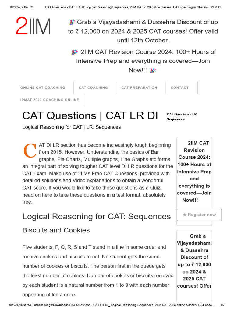 CAT Questions - CAT LR DI - Logical Reasoning Sequences, 2IIM CAT 2023 ...