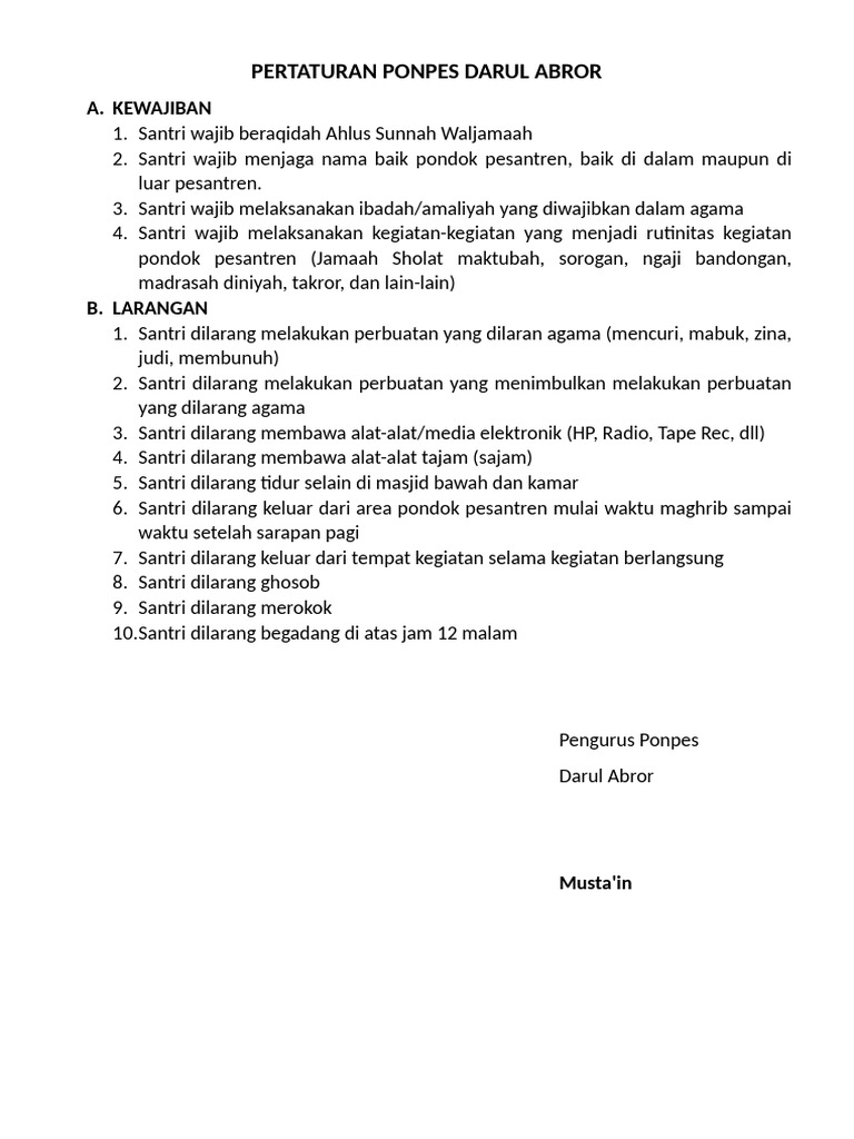 Pertaturan Ponpes Darul Abror | PDF