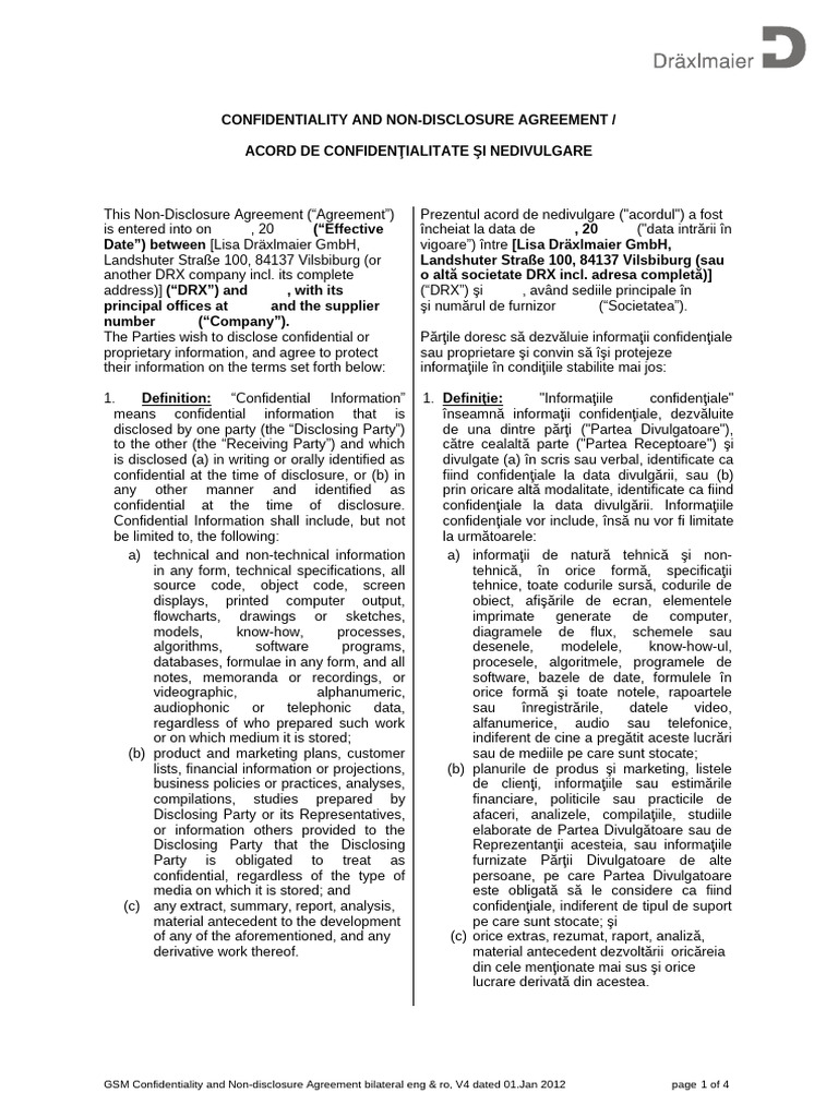 Draxlmaier NDA Confidentiality and Non-Disclosure Agreement Bilateral ...