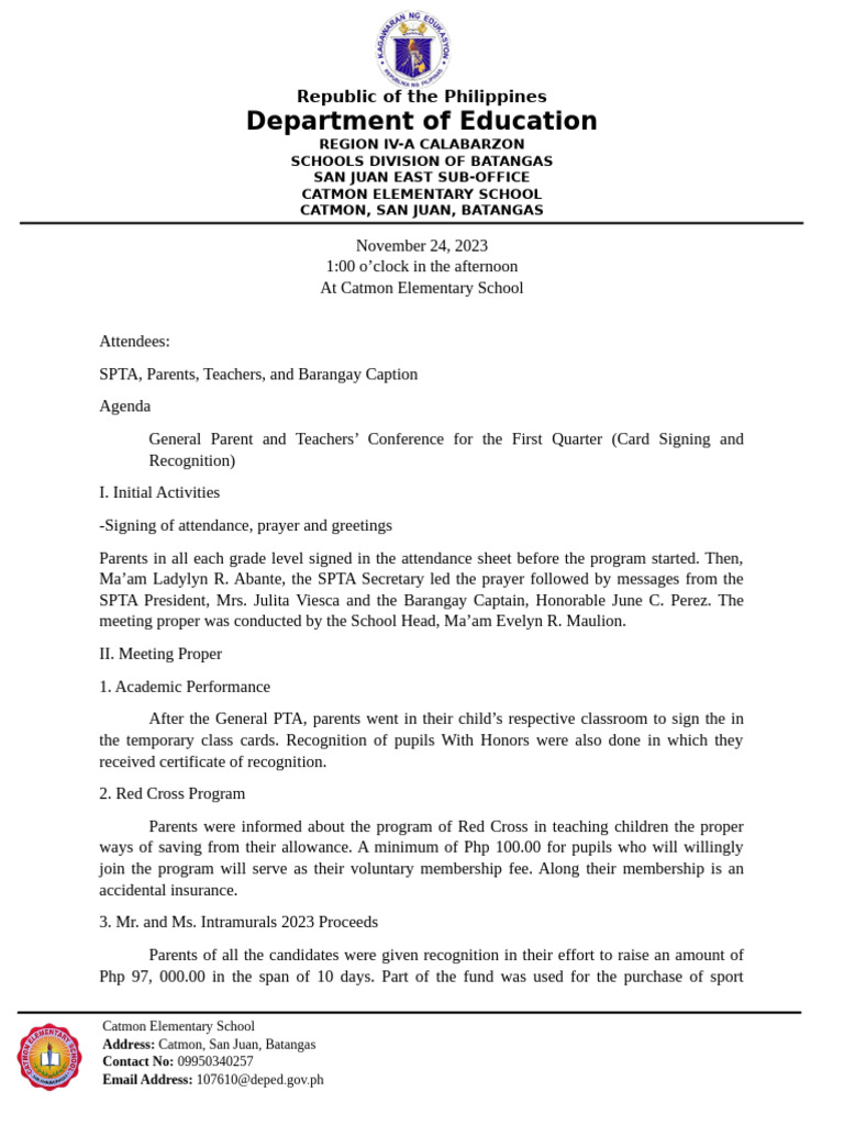 Minutes of The PTC For The First Quarter November 24, 2023 | PDF