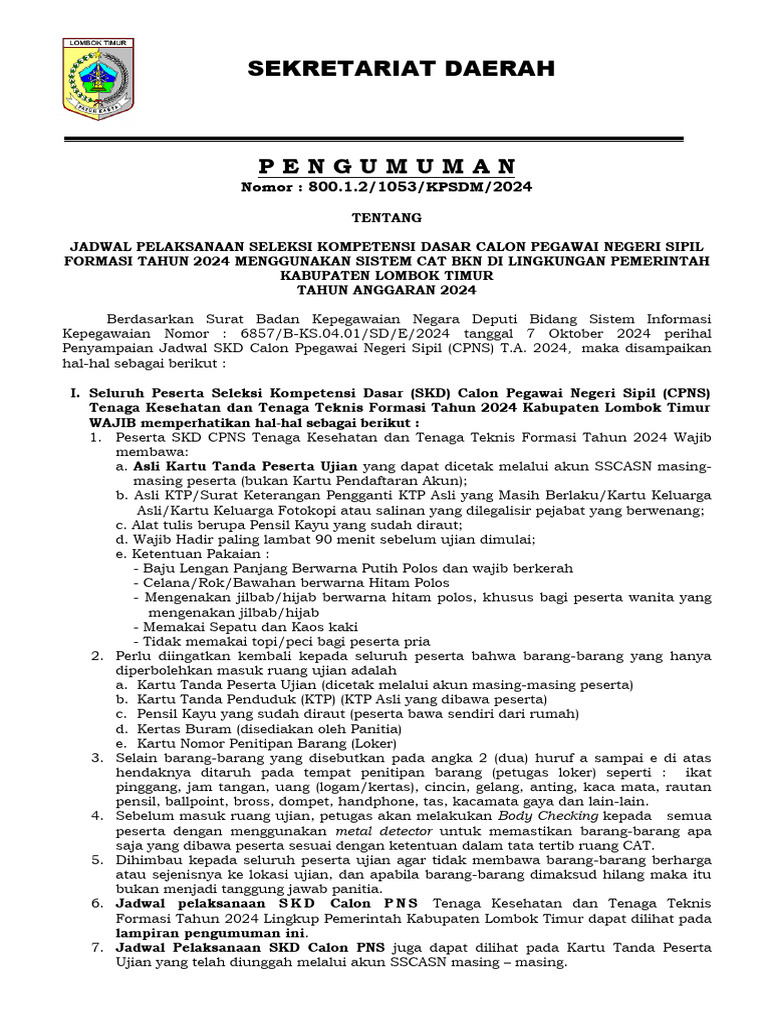 Pengumuman Jadwal Seleksi SKD CPNS Tahun 2024 - Pemkab. Lotim | PDF