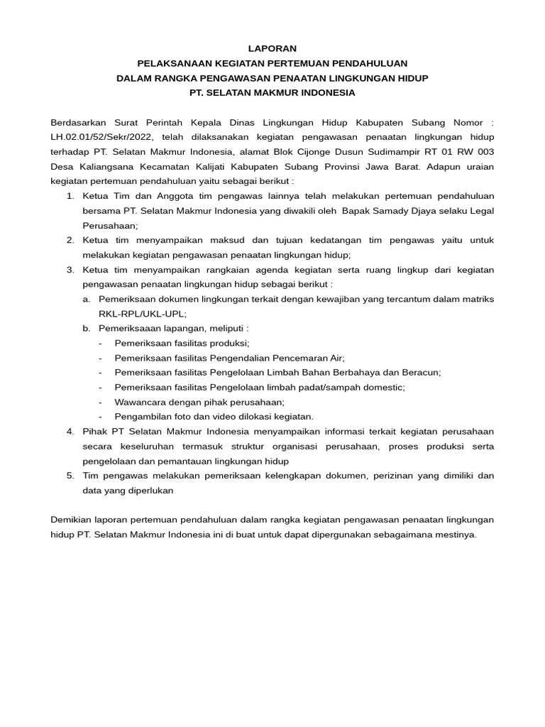 Laporan Pertemuan Pendahuluan | PDF