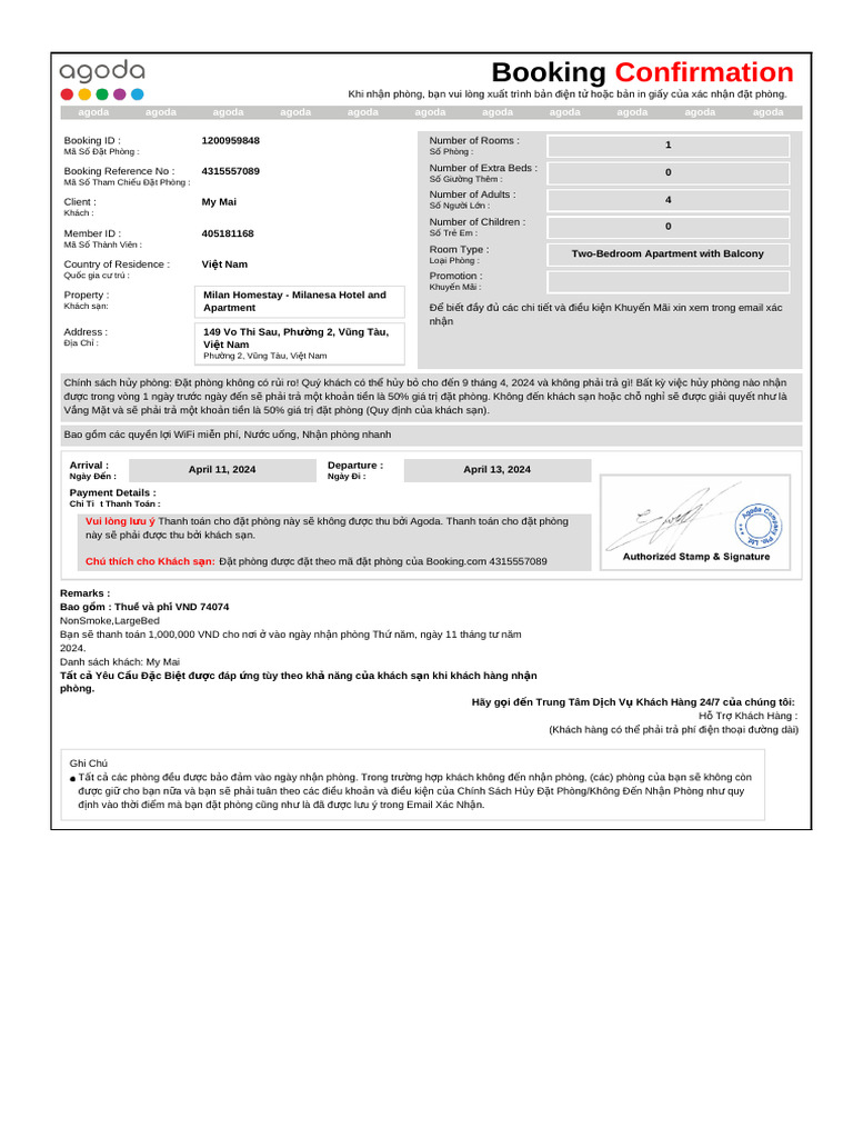 Confirmation for Booking ID # 1200959848 | PDF