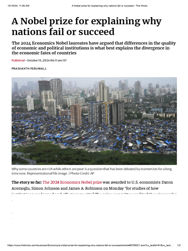 A Nobel Prize For Explaining Why Nations Fail or Succeed - The Hindu | PDF