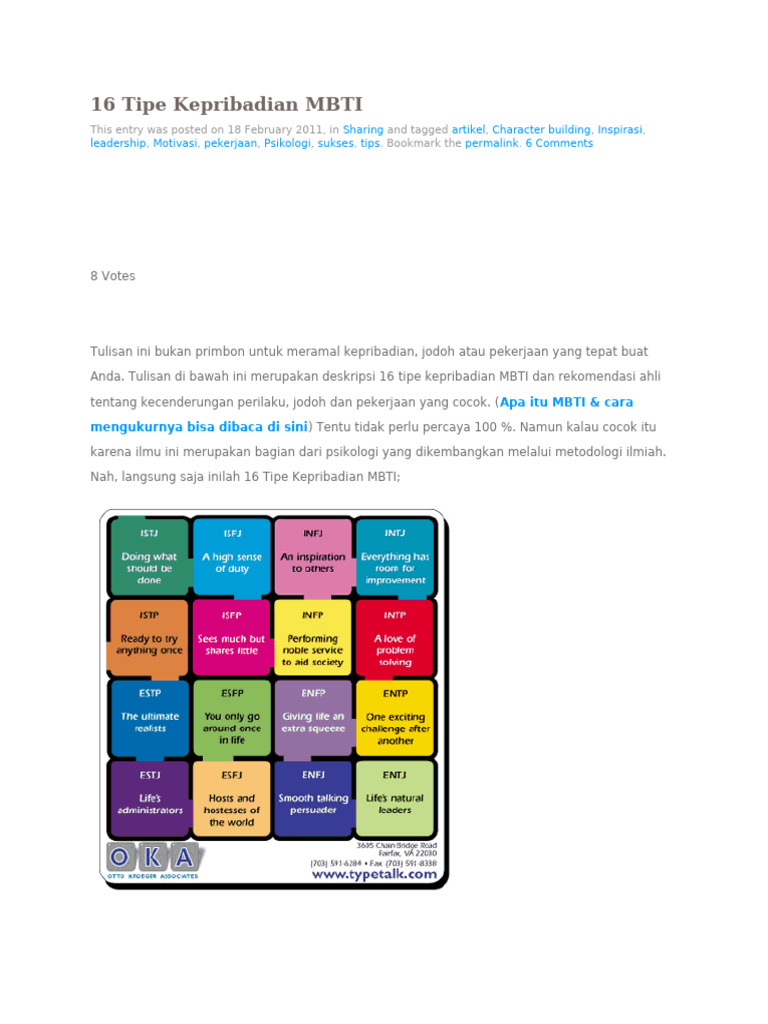 16 Tipe Kepribadian MBTI | PDF
