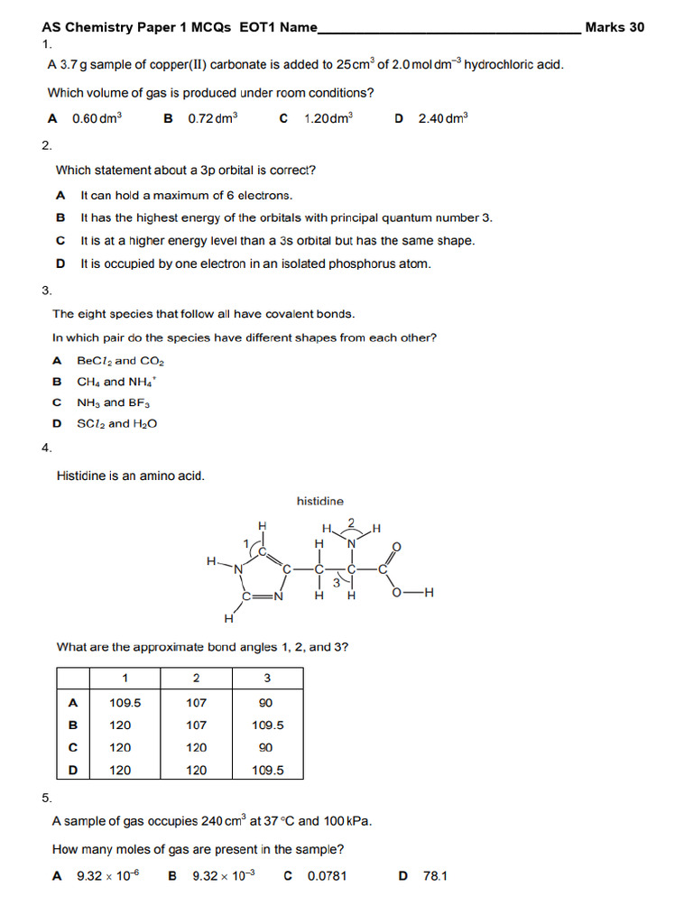 AS Chemistry Paper 1 MCQs EOT1 | PDF