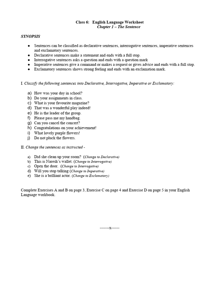 Class 6 English Language Worksheet - Chapter 1 -The Sentence | PDF