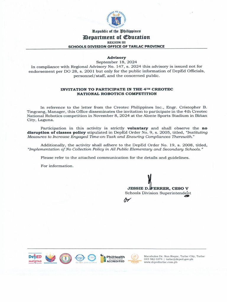 ADVISORY - 4TH CREOTEC NATIONAL ROBOTICS COMPETITION | PDF