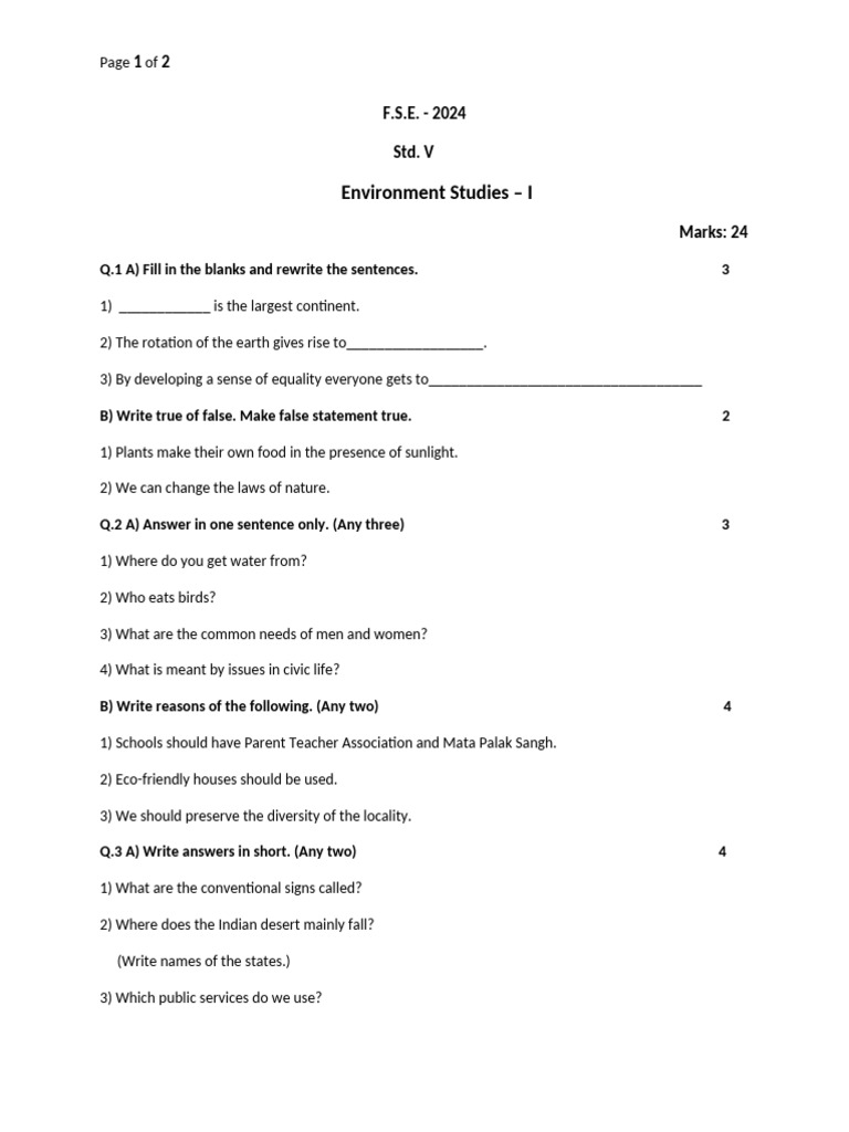 Sample Paper EVS Part 1 | PDF