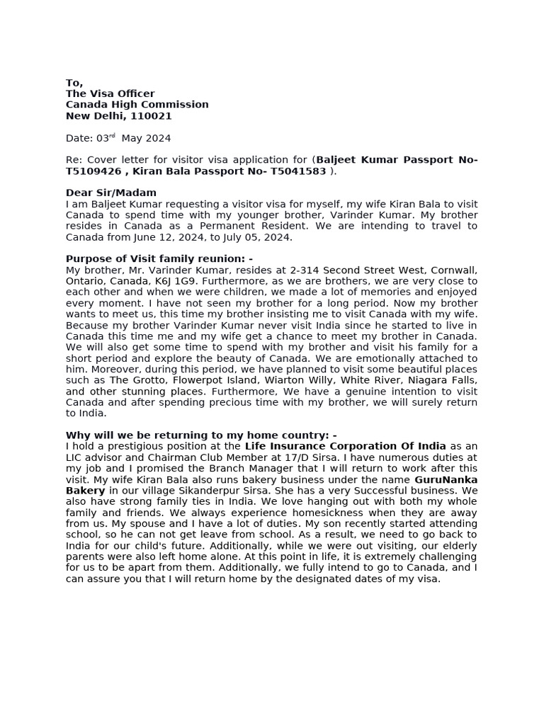 To - Docx Baljeet Kumar, Family - Docx Sop | PDF