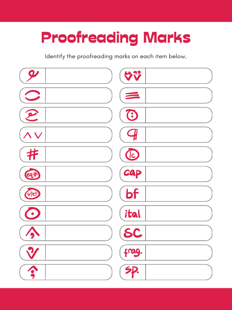Red and White Simple English Proofreading Marks Worksheet | PDF