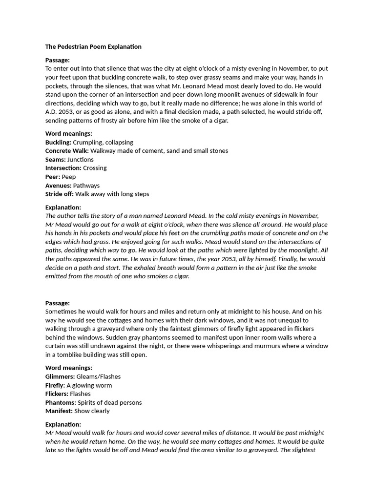 The Pedestrian Poem Explanation | PDF