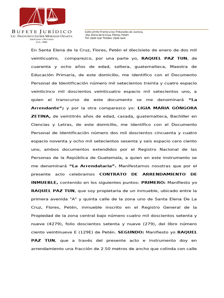 Contrato Arrendamiento - Raquel Paz Tun - Ligia Maria Gongora Zetina | PDF