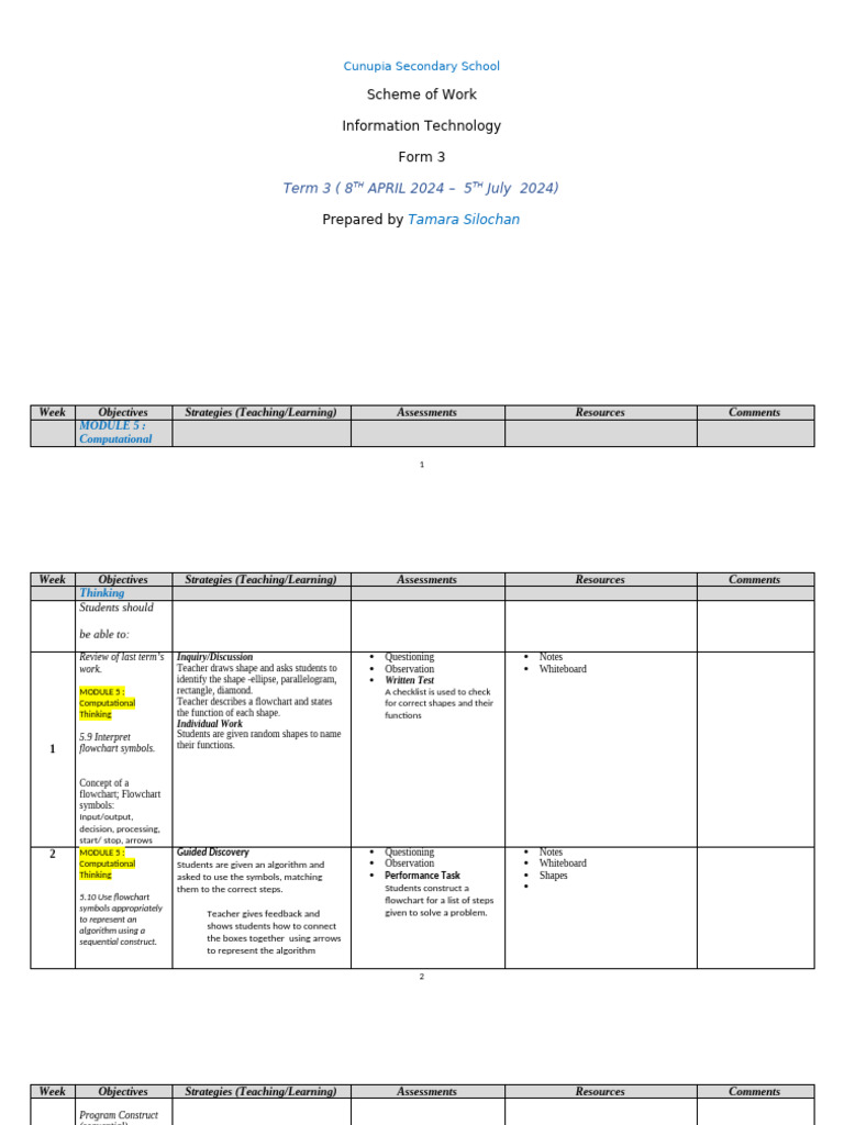Scheme of Work Form 3 T3 | PDF
