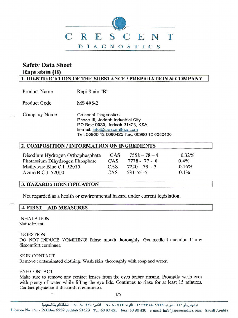 Rapi Stain B, Methylene Blue - Crescent Diagnostics - MS 408-2 | PDF