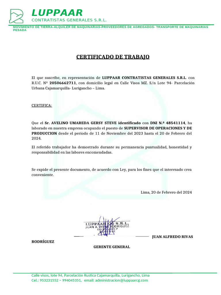 MODELO CERTIFICADO DE TRABAJO LUPPAR | PDF