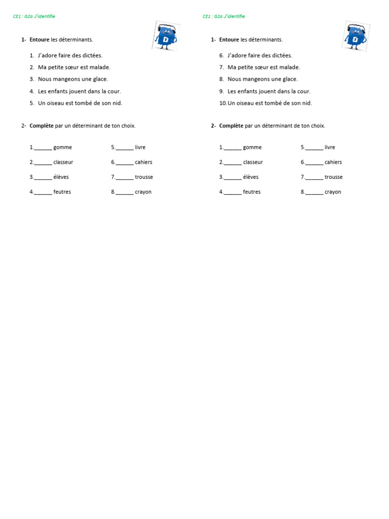 CE1 fiche les déterminants 2 | PDF