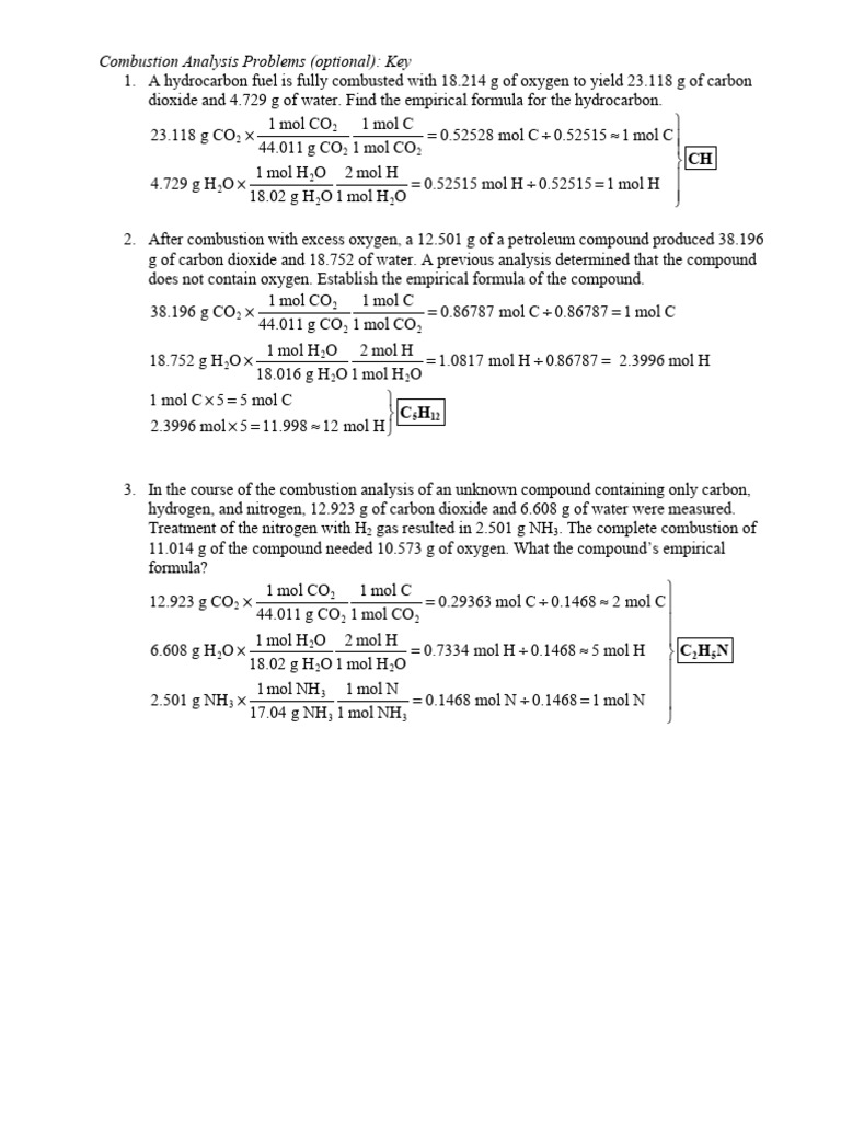 Combustion Analysis Extra Problems Key | PDF