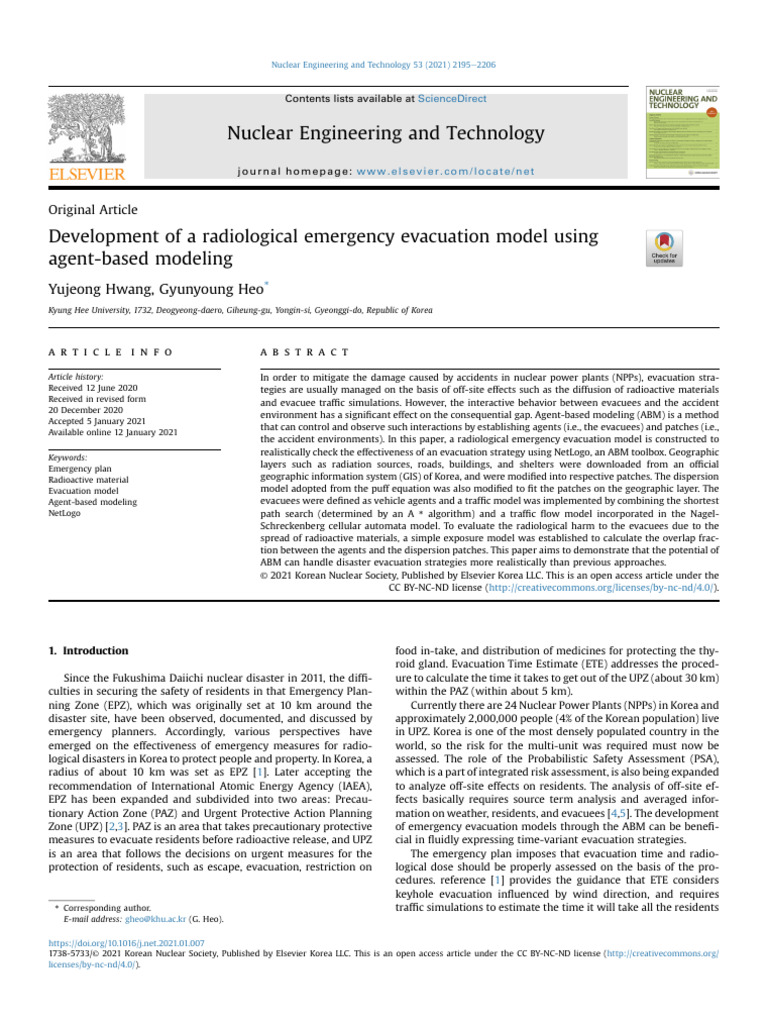Development of A Radiological Emergency Evacuation Model Using Agent-Based Modeling | PDF
