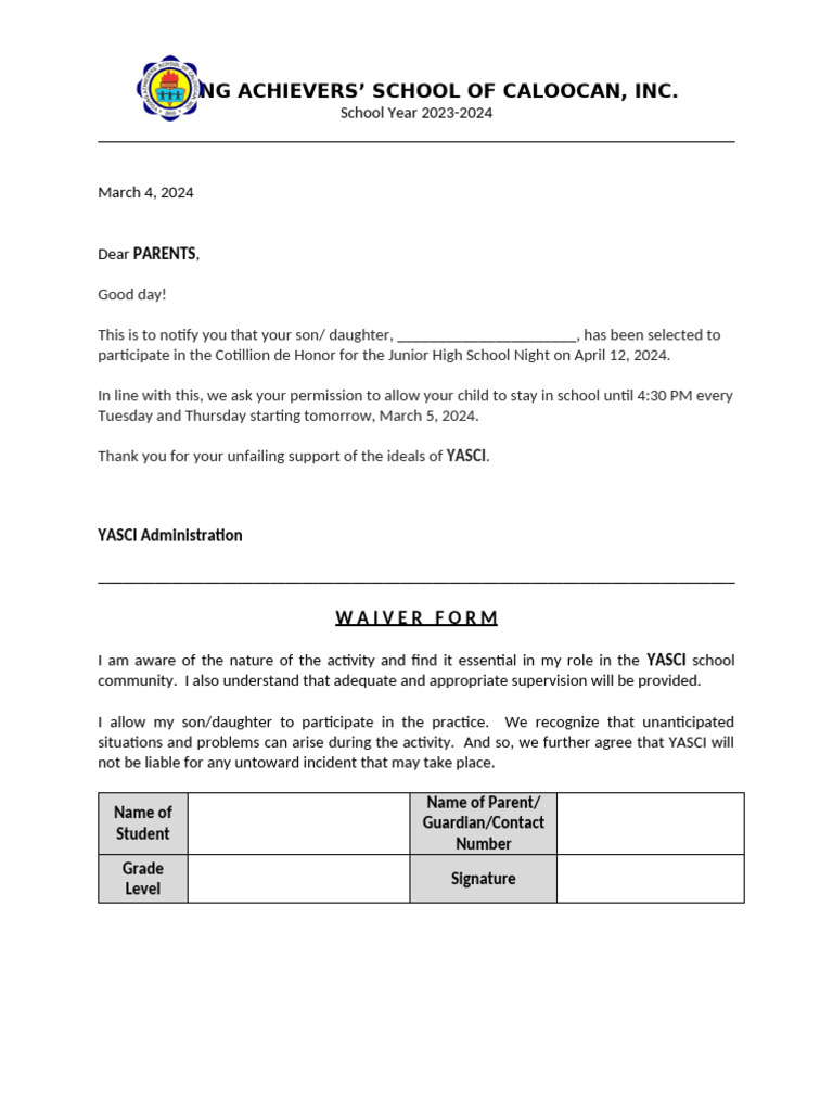 Waiver-Discotillion Practice | PDF