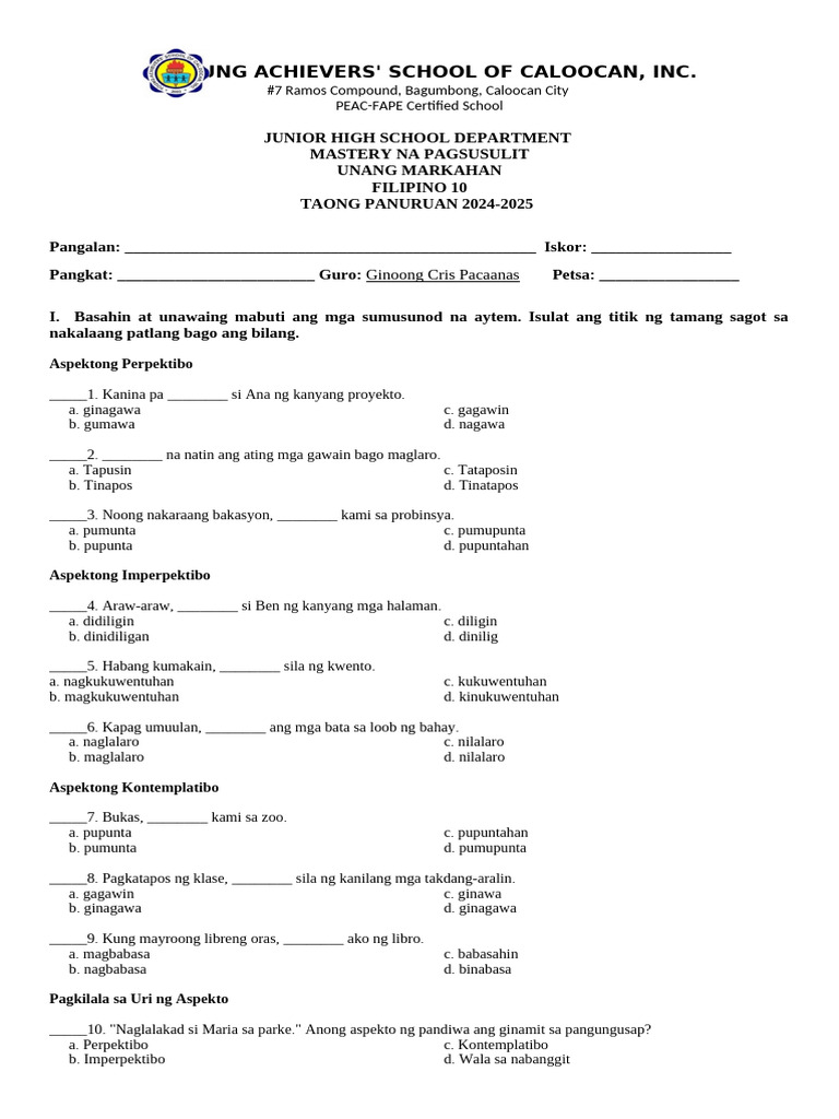 MASTERY TEST_FILIPINO_G10_1ST | PDF