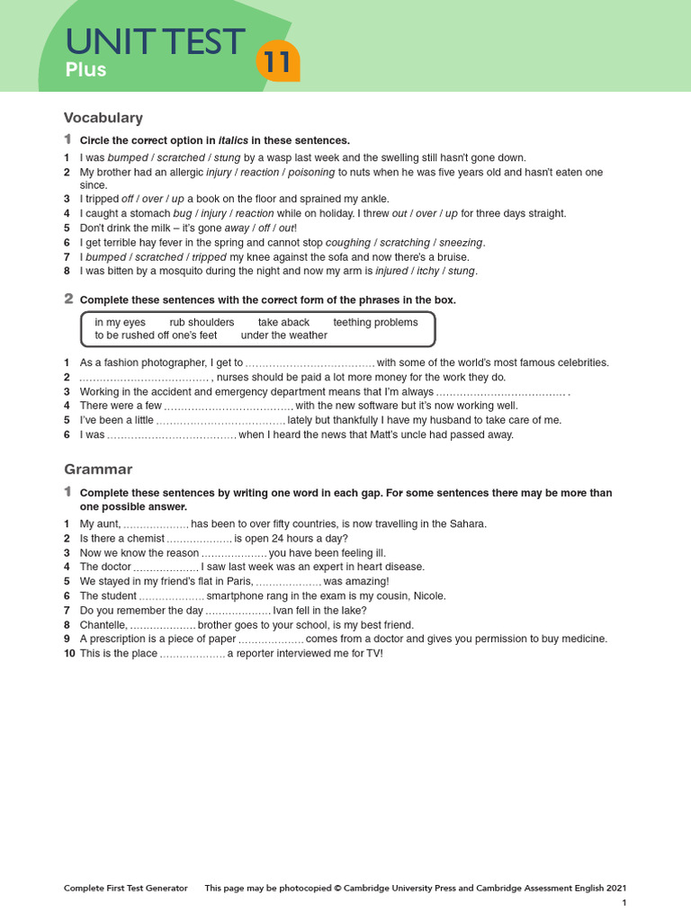 Complete First Unit Test 11 Plus | PDF