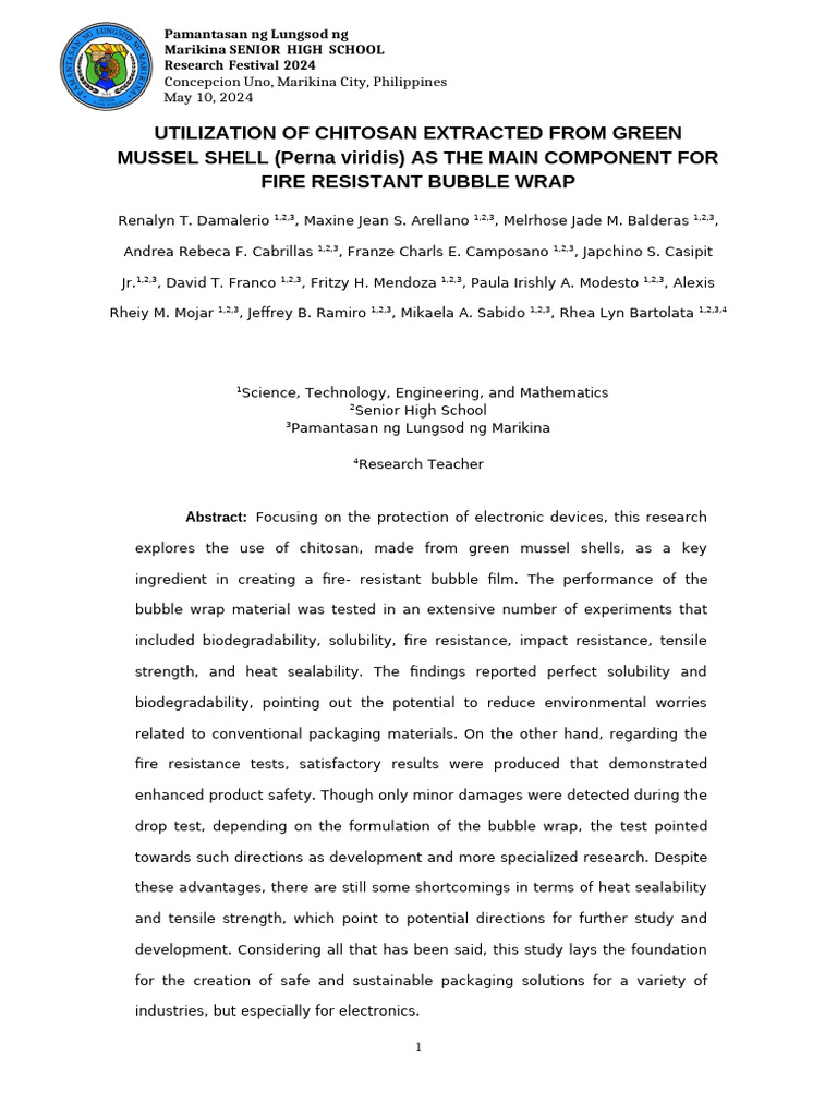 S204 - Utilization of Chitosan Extracted From Green Mussel Shell (Perna ...