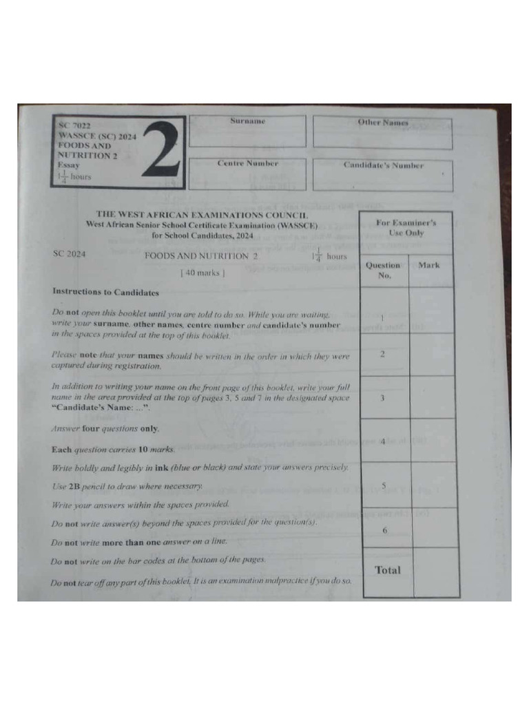 Waec Food and Nutrition | PDF