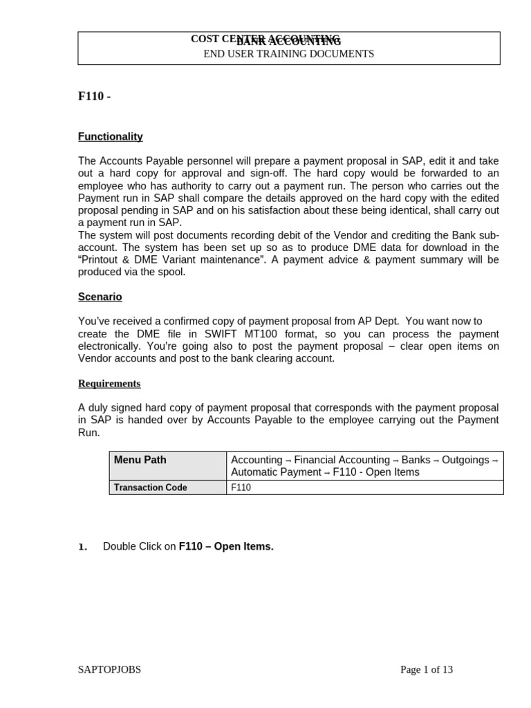 F110 Automatic Payments - Create SWIFT File MT100 Format | PDF