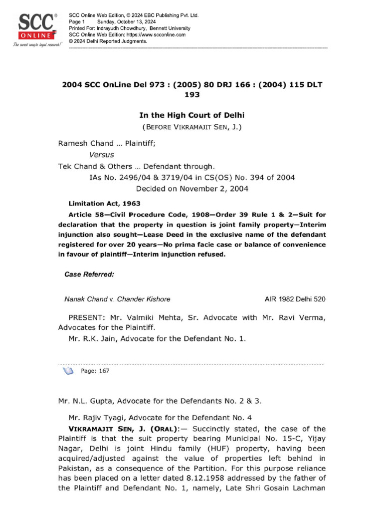 (Para 10) Ramesh Chand v. Tek Chand, 2004 SCC OnLine Del 973 | PDF