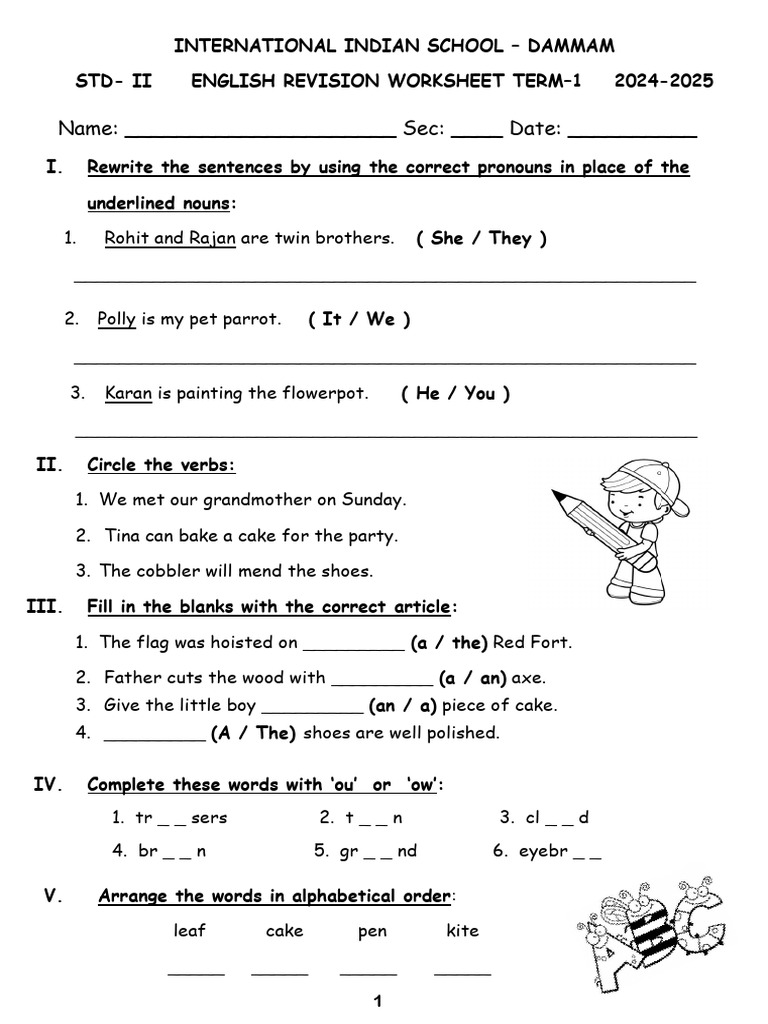 English Revision Worksheet-Term 1 | PDF