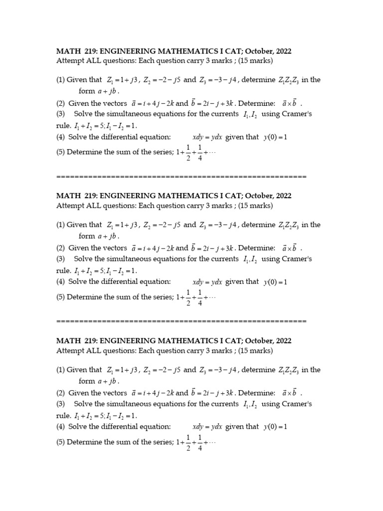 MATH 219 Engineering Maths I CAT (TED) | PDF